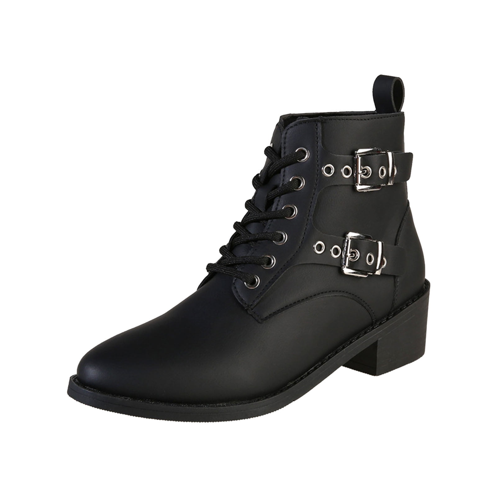 hopeusnice Women's Buckle Ankle Boots Lace Up Combat Boots Low Heel ...