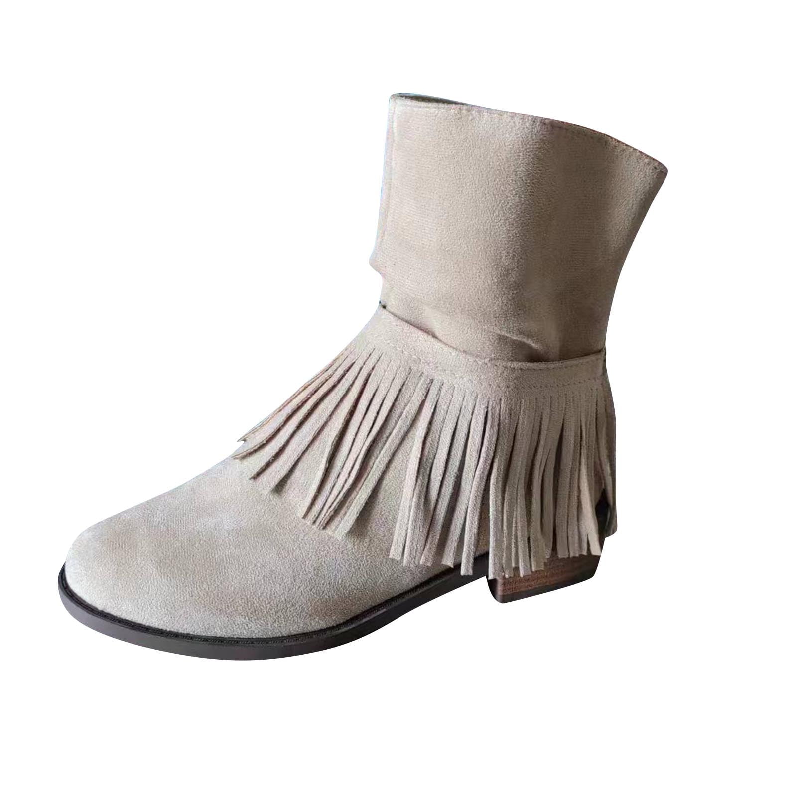 hopeusnice Women's Suede Fringe Ankle Boots Comfortable Low Heel ...