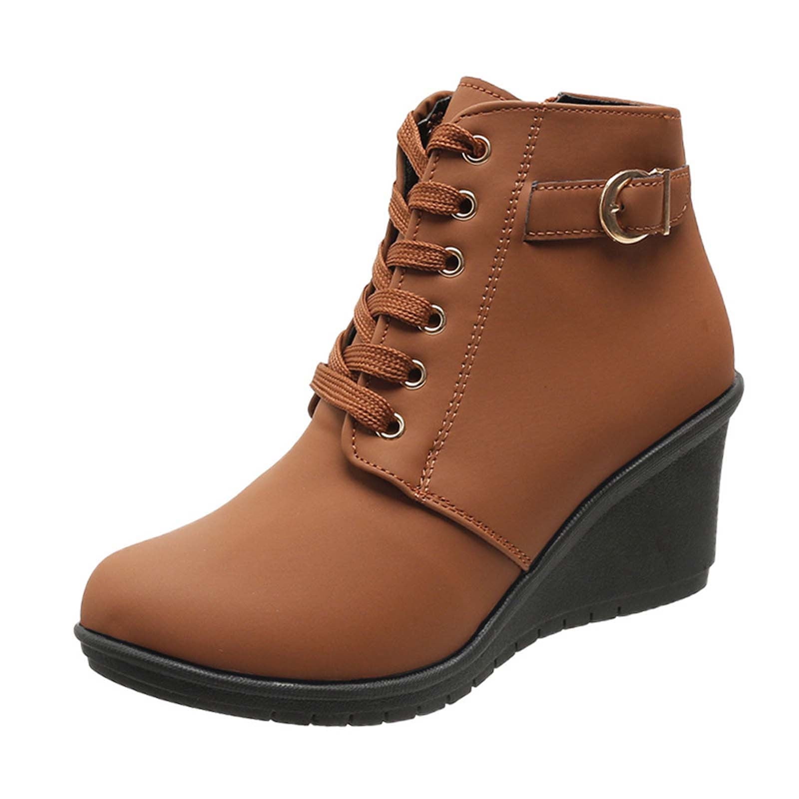 hopeusnice Women's Wedge Boots Lace Up Buckle Ankle Booties Comfortable ...