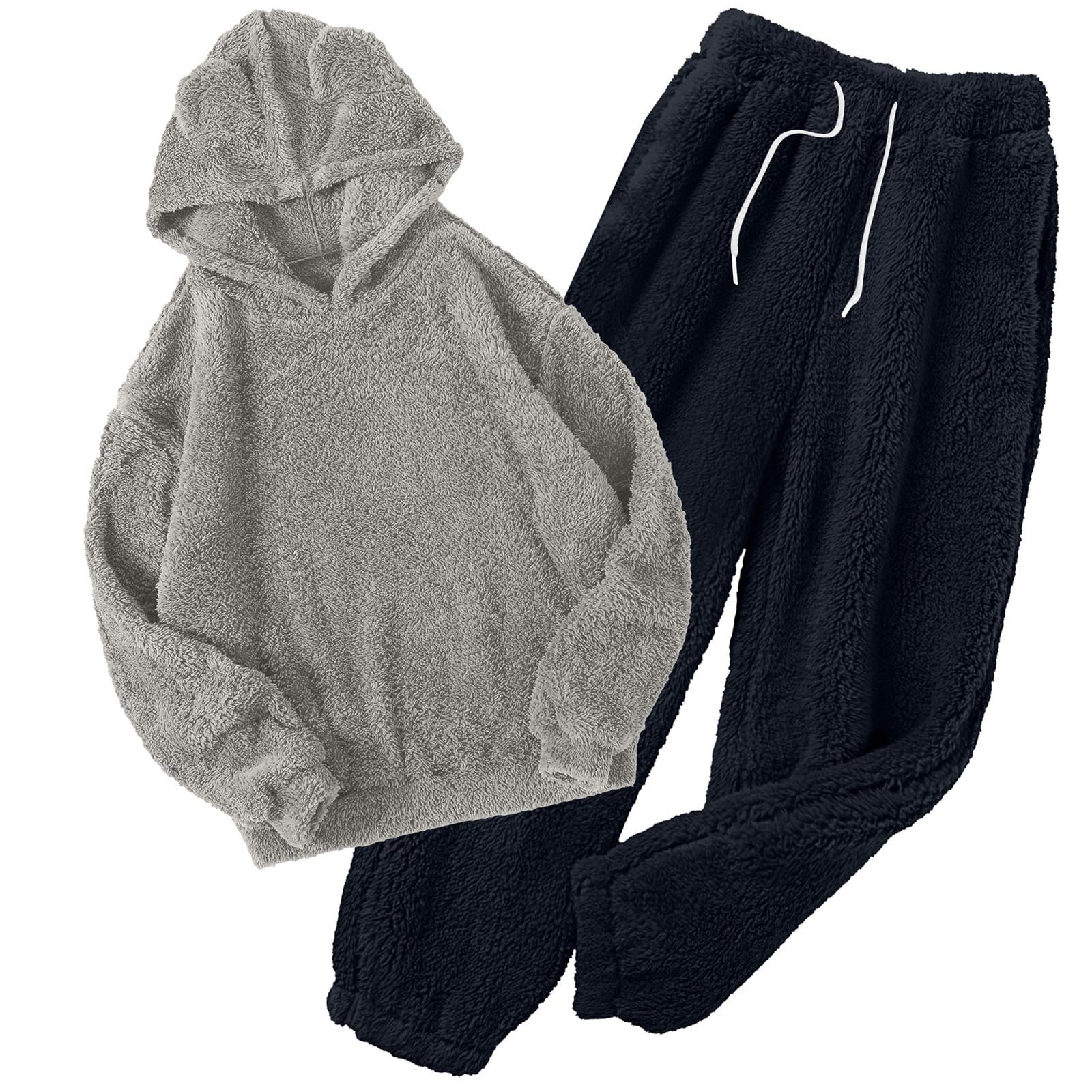 hotojiny 2 Piece Plush Pajama Sets for Women Fluffy Hoodies Fleece ...