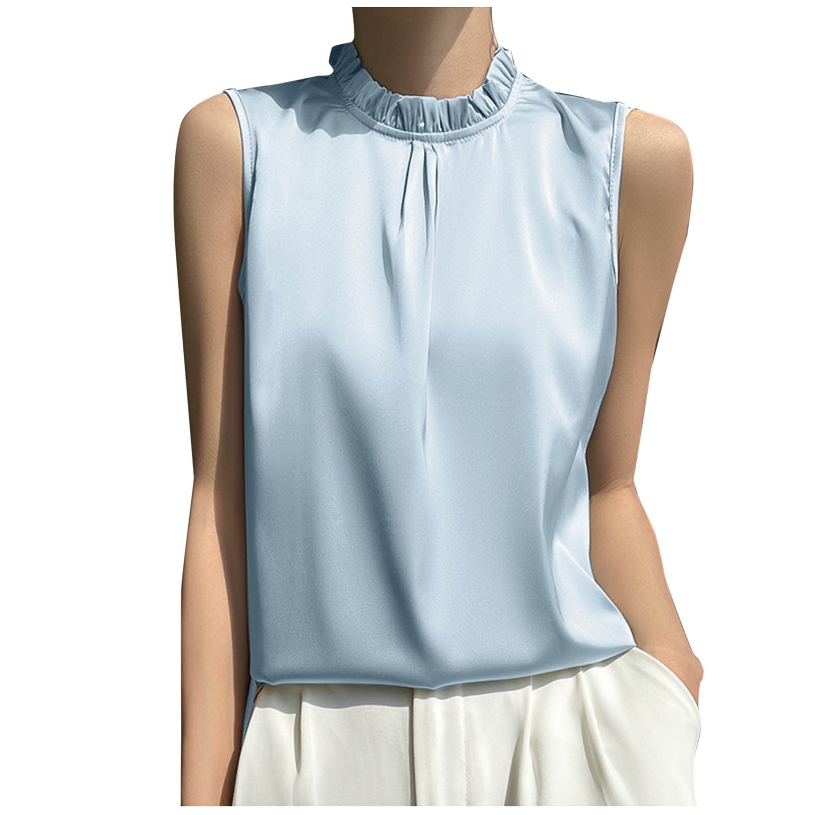 hotojiny Blouses for Women Dressy Casual Satin Ruffle Mock Neck Work ...