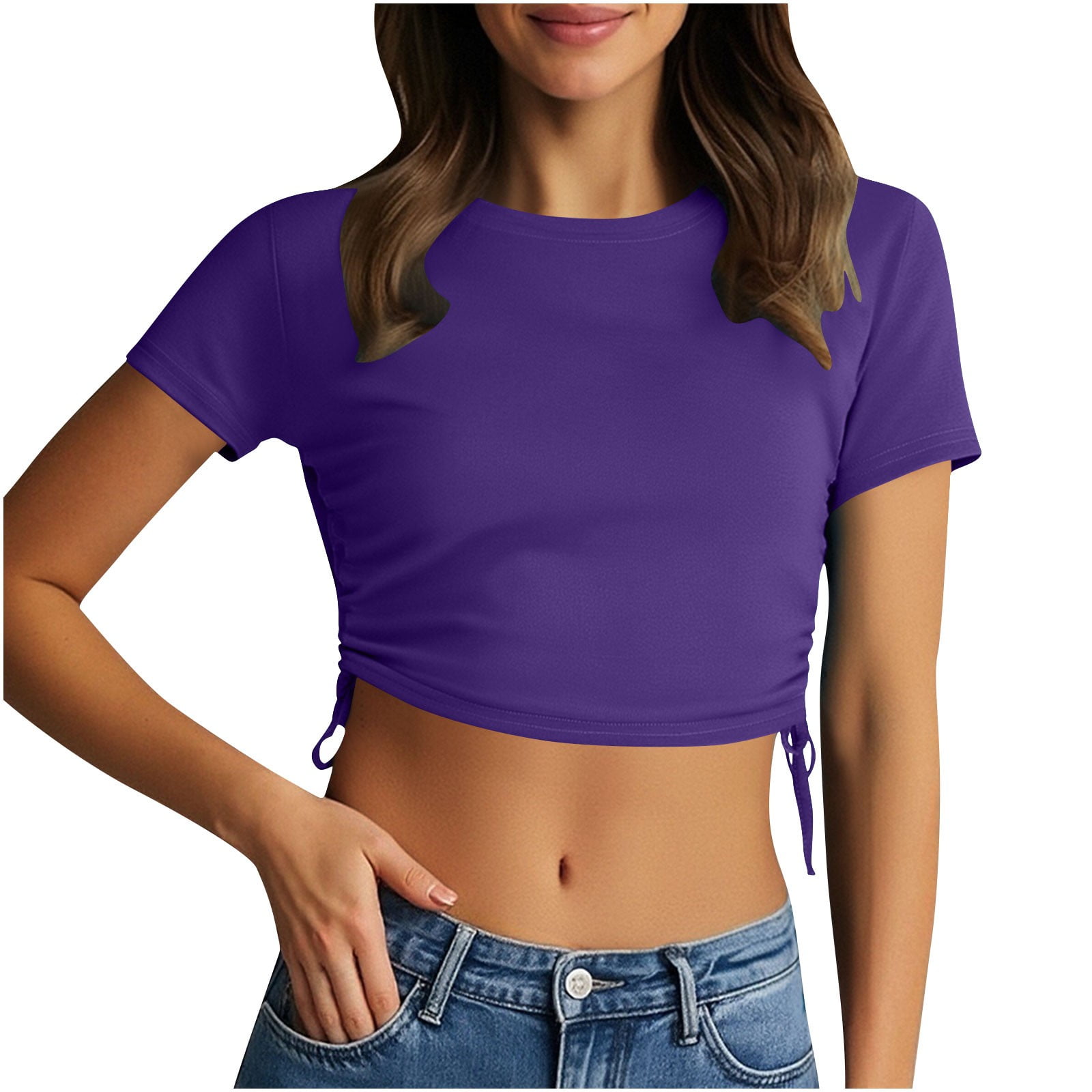 hotojiny Crop Tops for Women Soft Round Neck Short Sleeve Drawstring ...