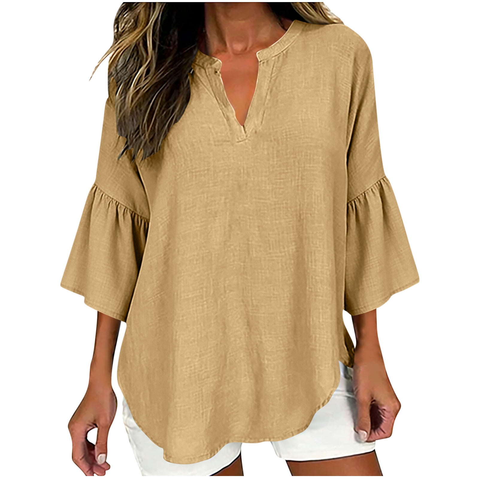 hotojiny Cute Tops for Women Cotton Linen Vneck Ruffle 3/4 Sleeve Beach ...