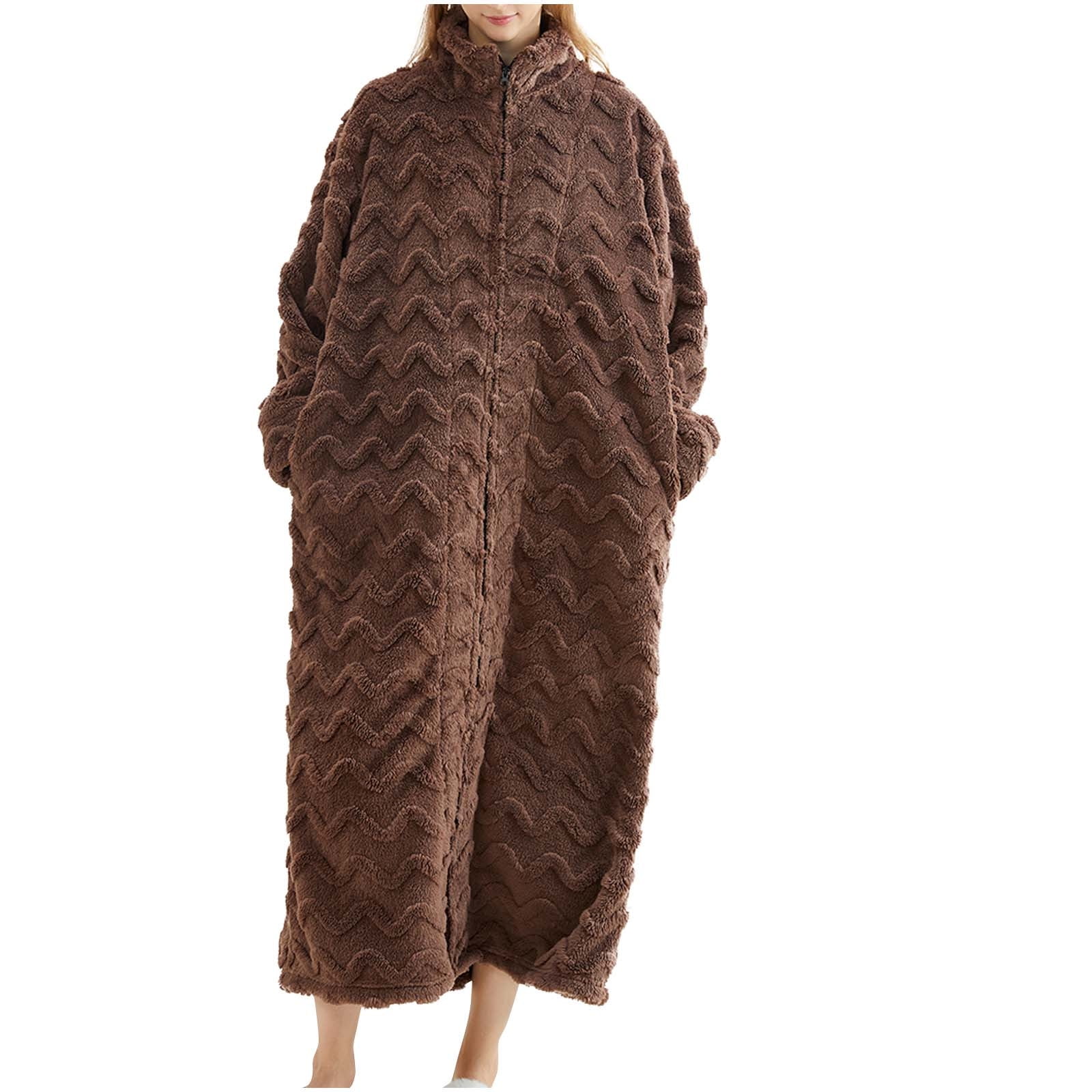 hotojiny Flannel Robes for Women Plush Zipper Front Bathrobe Fluffy ...
