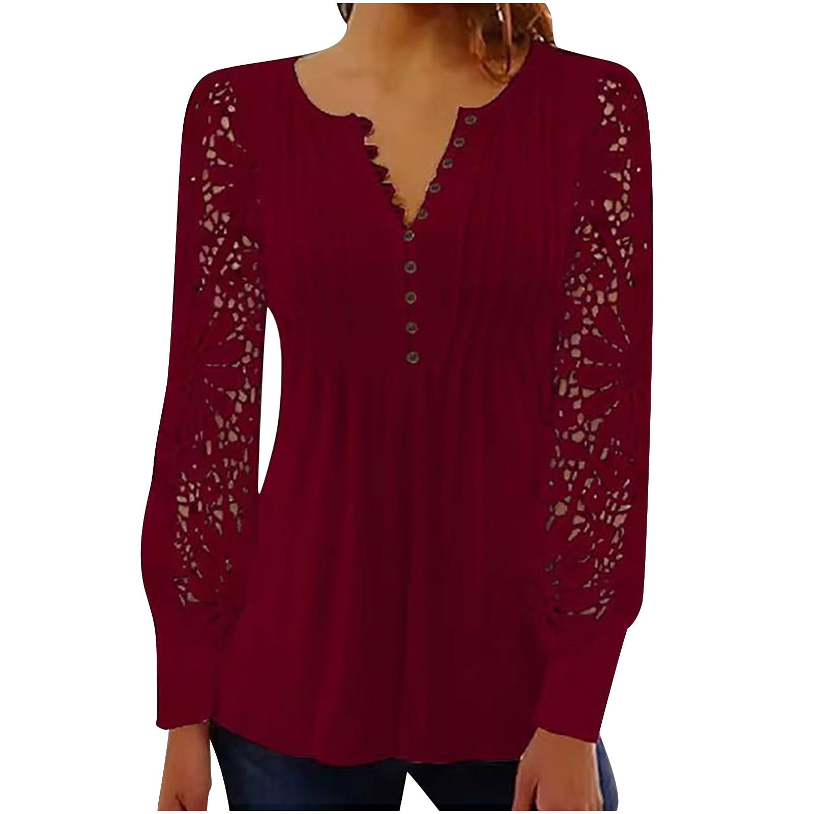 hotojiny Lace Long Sleeve Tops for Women Trendy Pleated V Neck Tunic ...