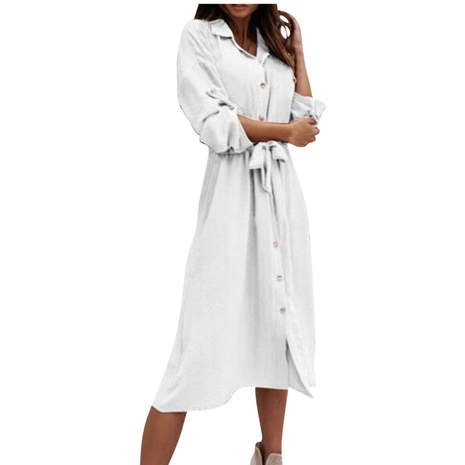hotojiny Long Sleeve Midi Dress for Women Fashion Button down Shirt Dresses Casual Lapel Tie ...