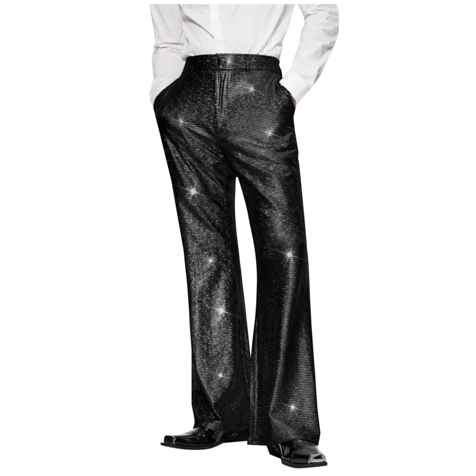 hotojiny Men's 70s Disco Pants Glitter Sequin Button Flare Trousers ...