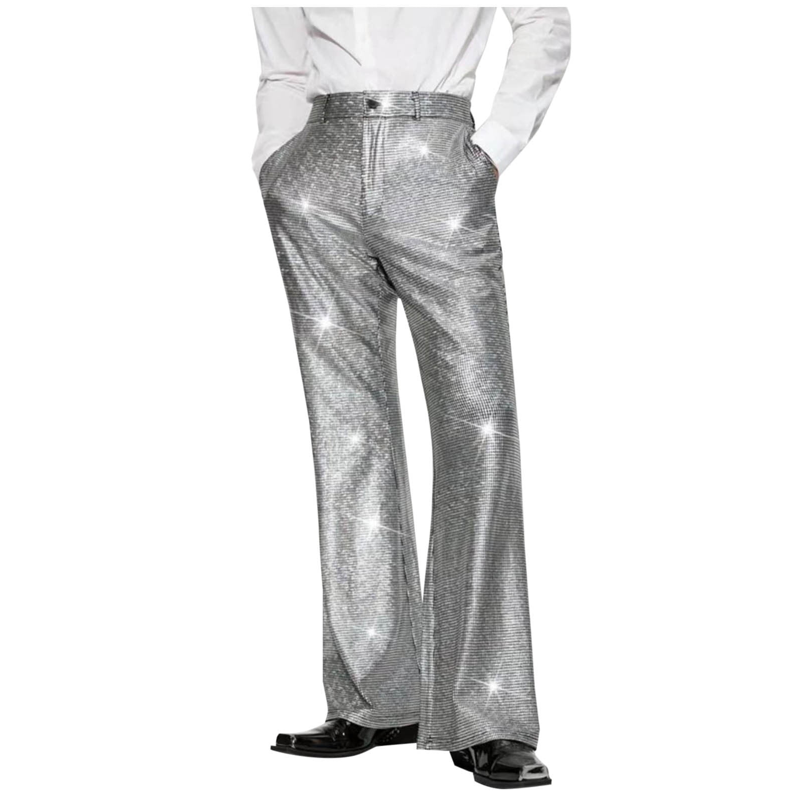 hotojiny Men's 70s Disco Pants Glitter Sequin Button Flare Trousers ...