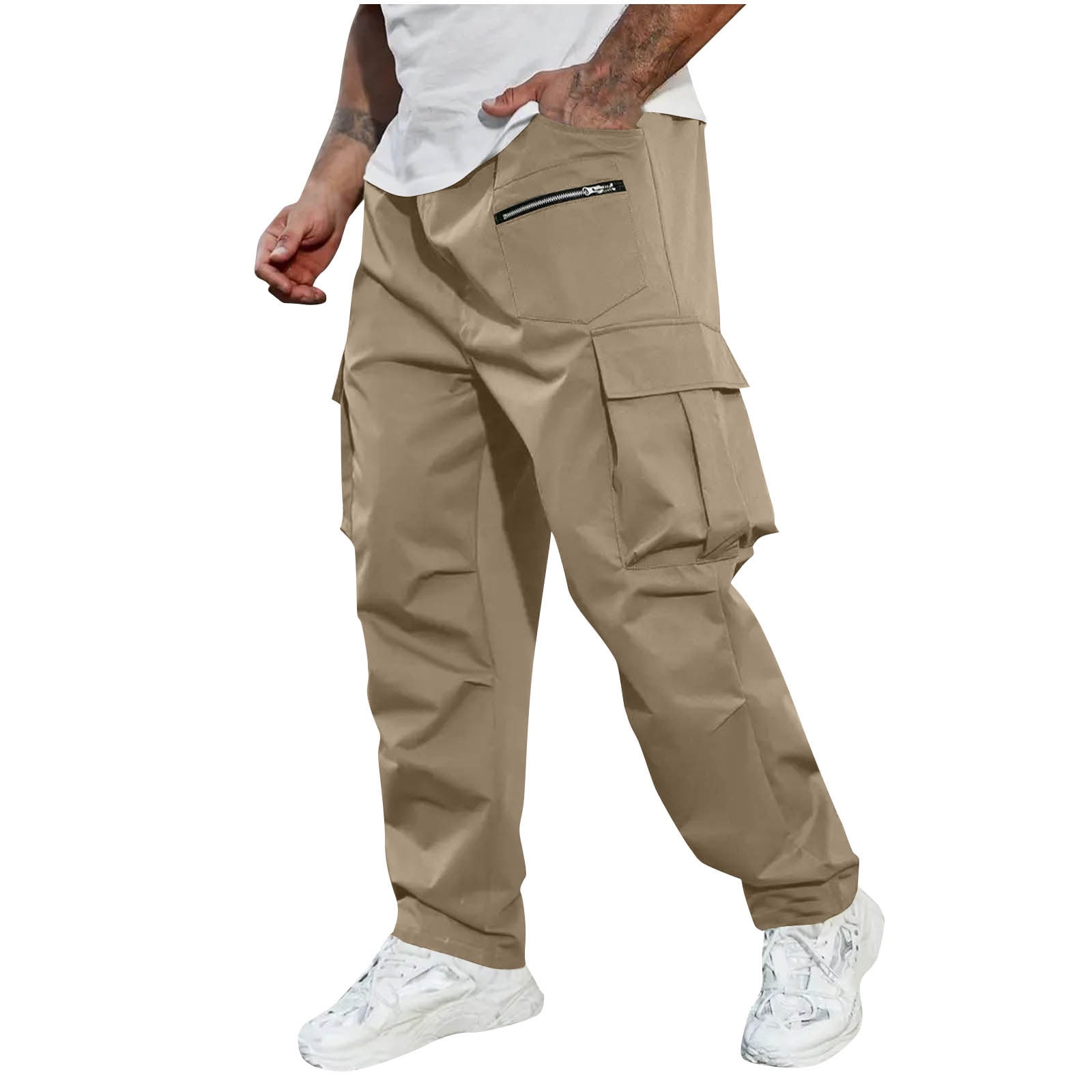 hotojiny Mens Casual Cargo Pants Drawstring Baggy Fit Multiple Pockets ...