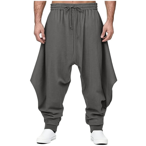 hotojiny Mens Casual Harem Pants Drawstring Elastic Waist Cotton Linen ...