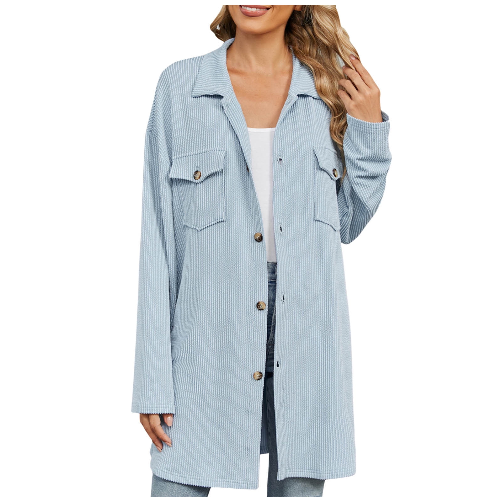 hotojiny Ribbed Knit Shacket Jacket Womens Casual Button Down Shirts ...