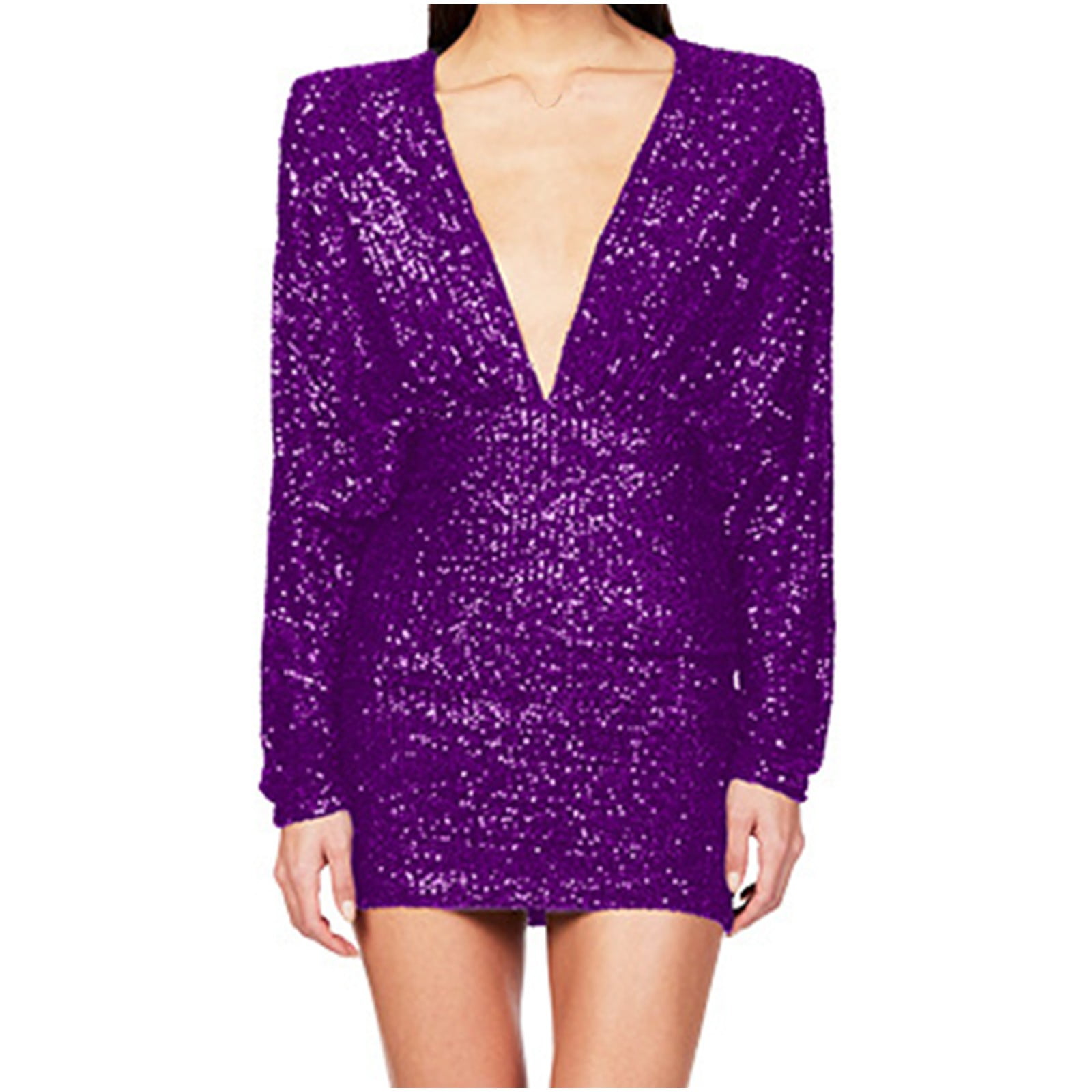 hotojiny Sequin Dress for Women Long Sleeve Deep V Neck Backless ...