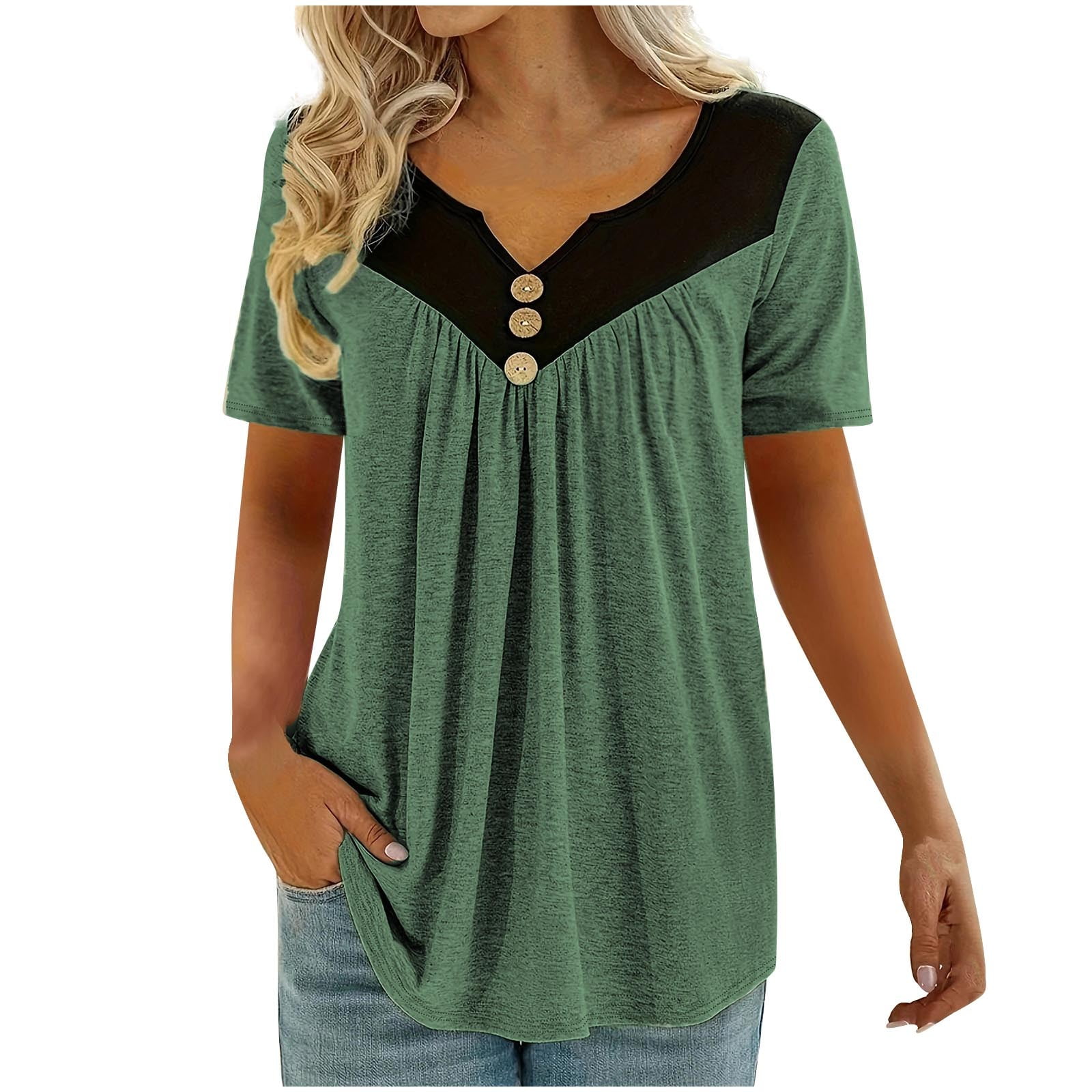 hotojiny Spring Tops for Women Trendy Button Notch V Neck Pleated T ...