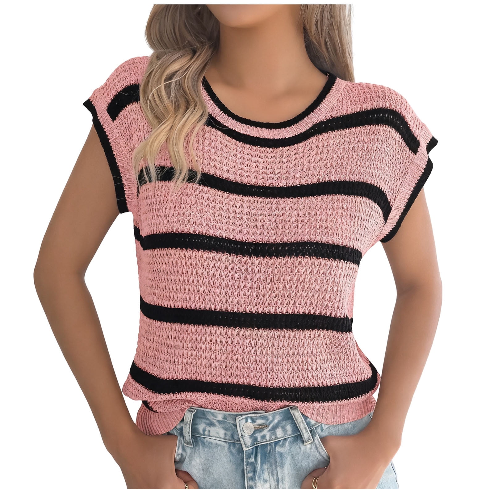 hotojiny Sweaters for Women Tredny Striped Cap Sleeve Summer Tops ...