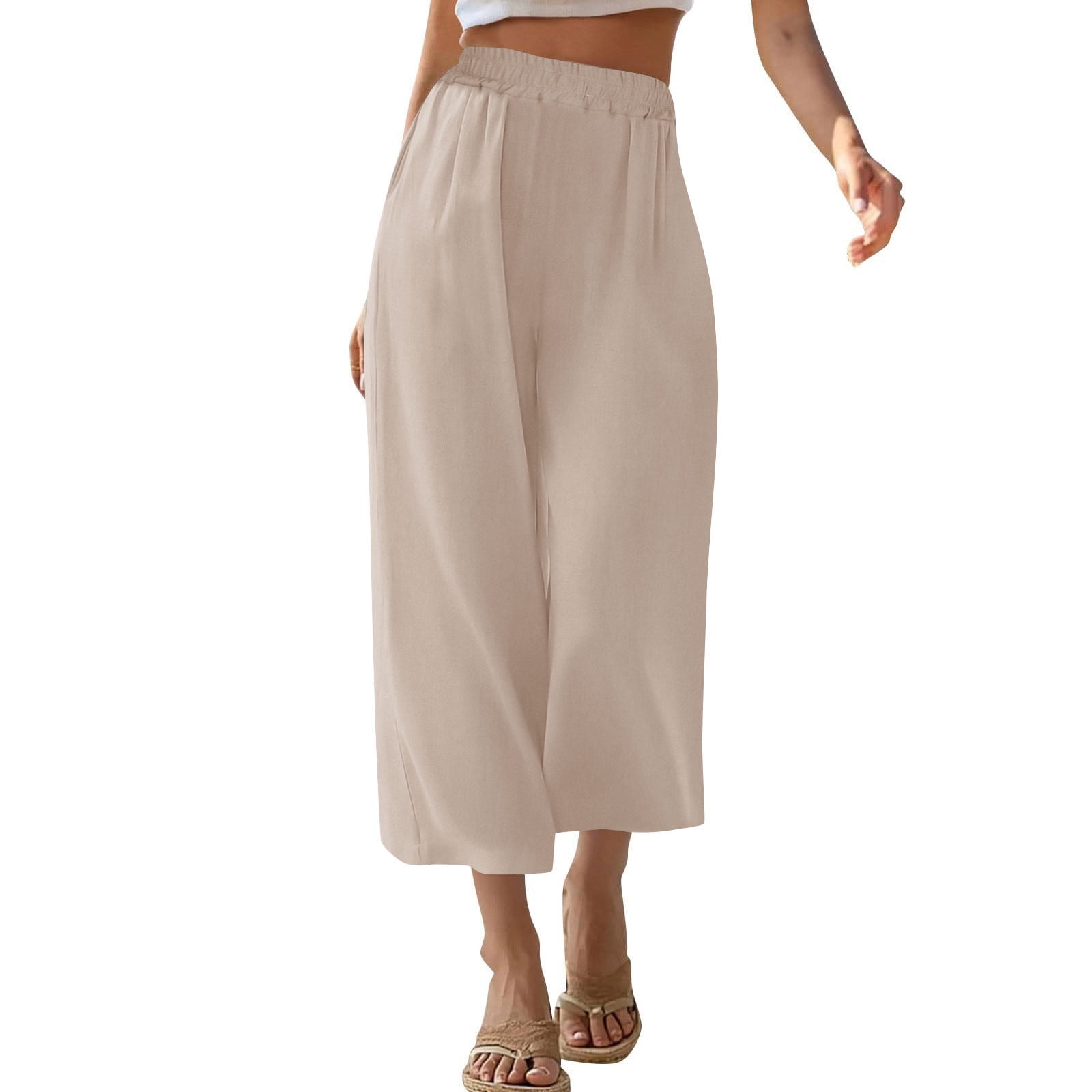 hotojiny Wide Leg Capri Pants for Women Cotton Linen Elastic Waist ...