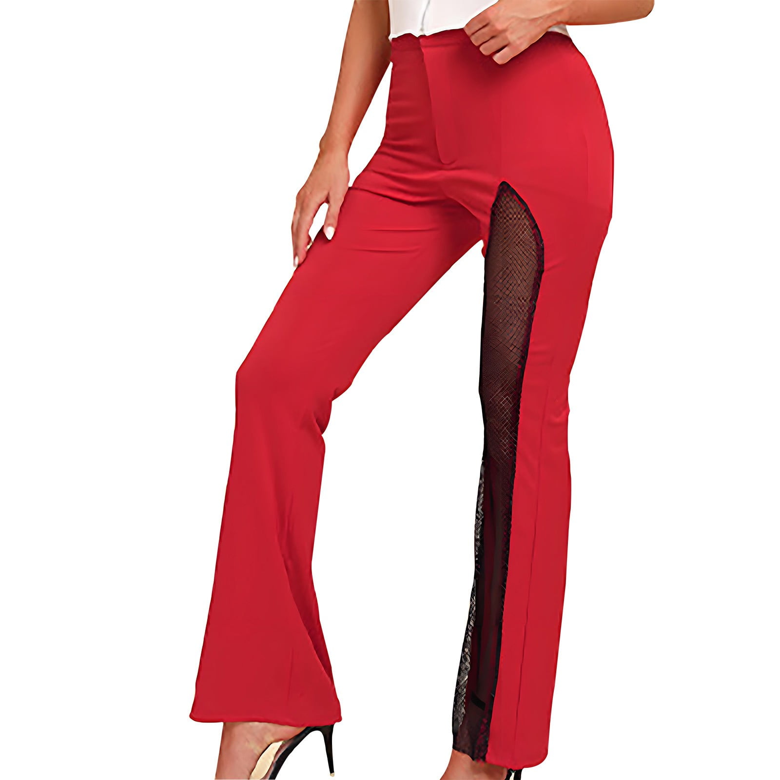 hotojiny Wide Leg Pants Woman Trendy High Waist Mesh Flare Trousers ...