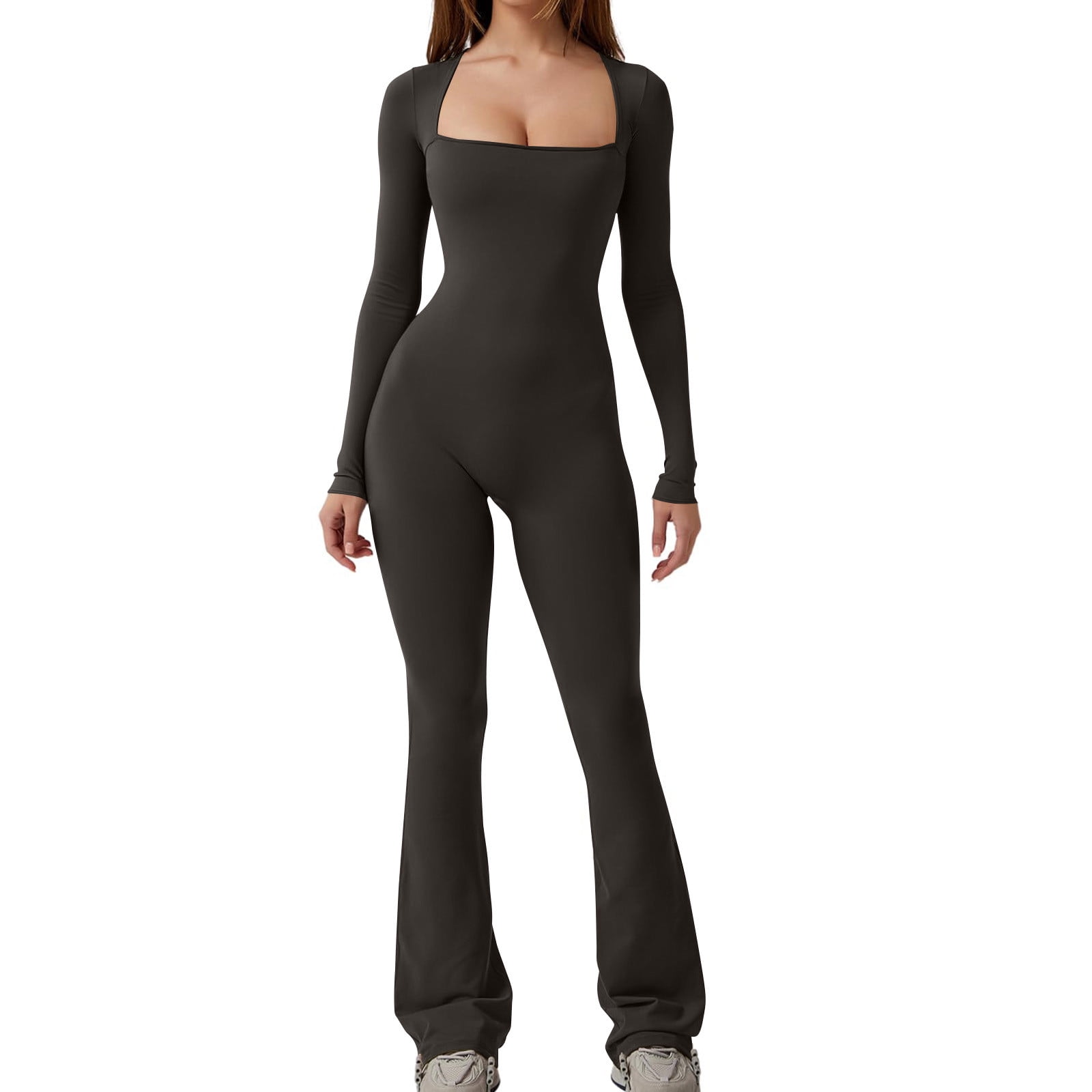 hotojiny Women Long Sleeve Flare Jumpsuits Square Neck Workout Rompers ...