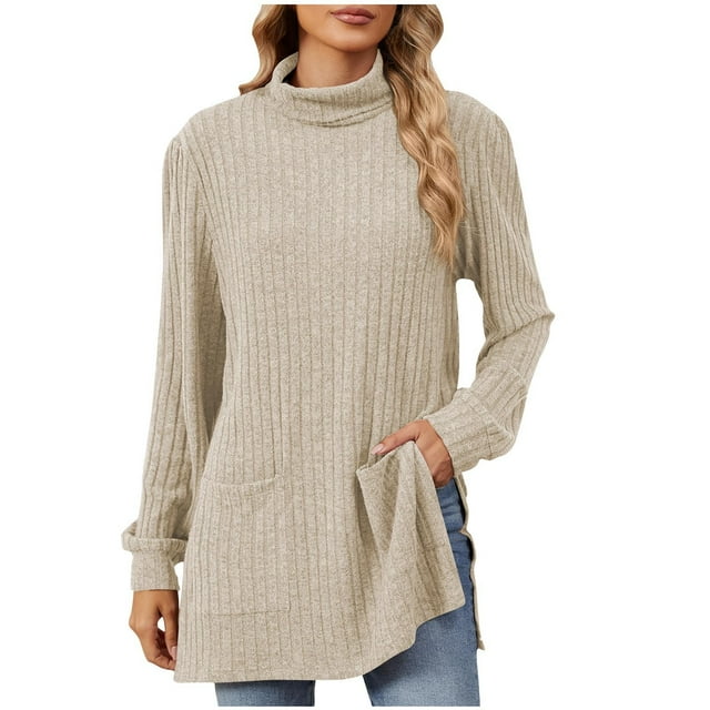 hotojiny Women Mock Neck Sweaters Long Sleeve Oversized Casual Tunic ...