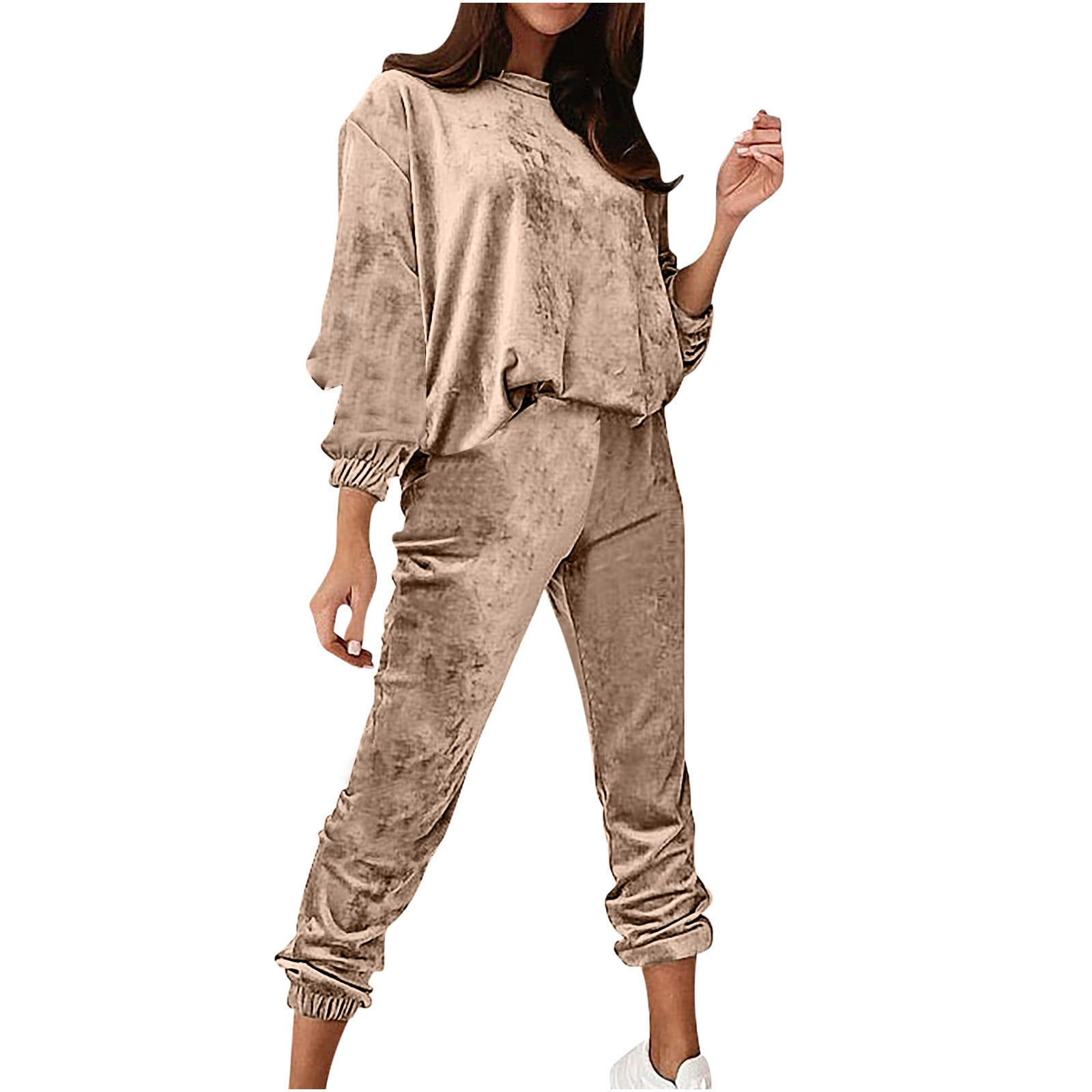 hotojiny Women's 2 Piece Velvet Outfits Soft Long Sleeve Pullover Tops ...