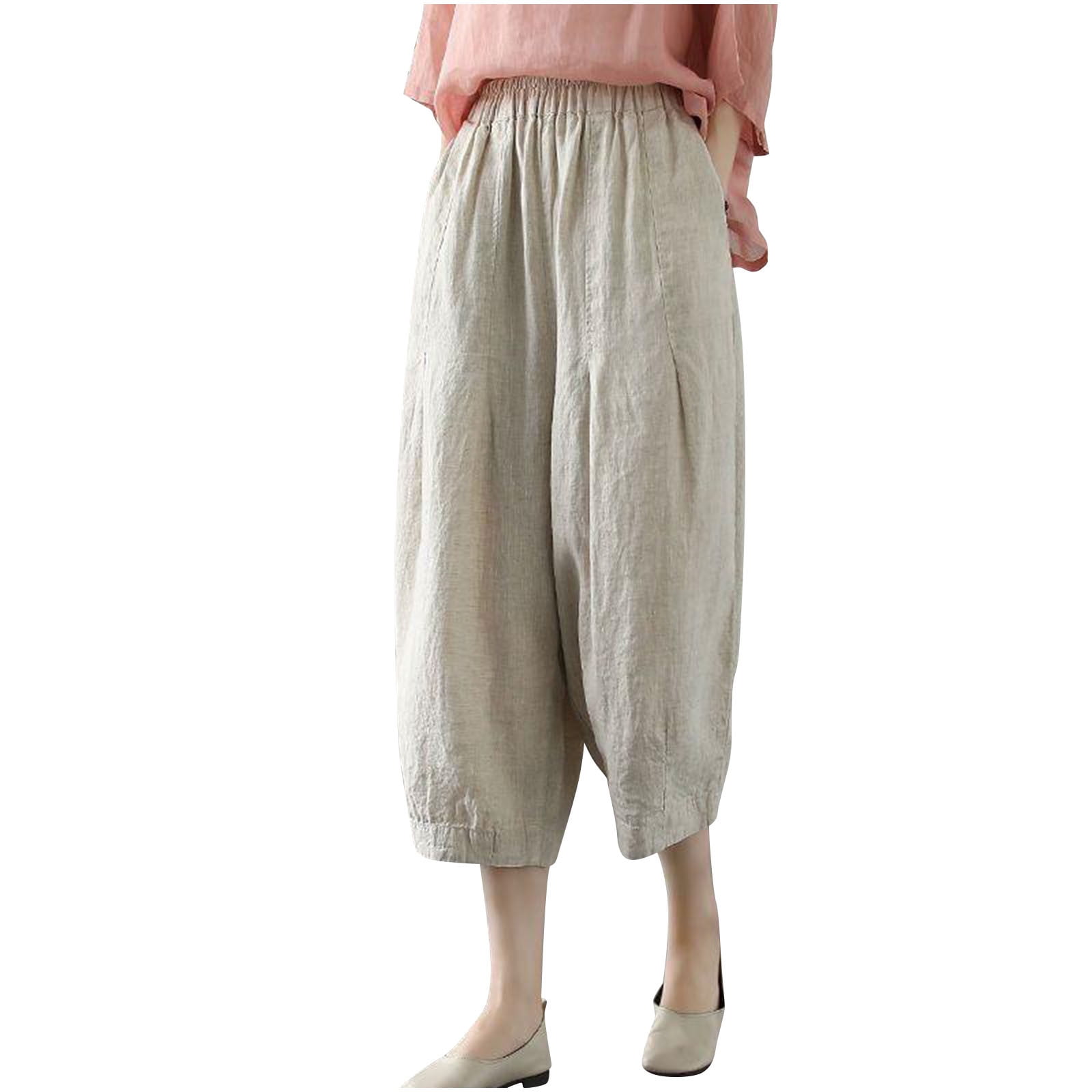 hotojiny Women's Cotton Linen Capri Pants Casual Elastic Waist Lantern ...