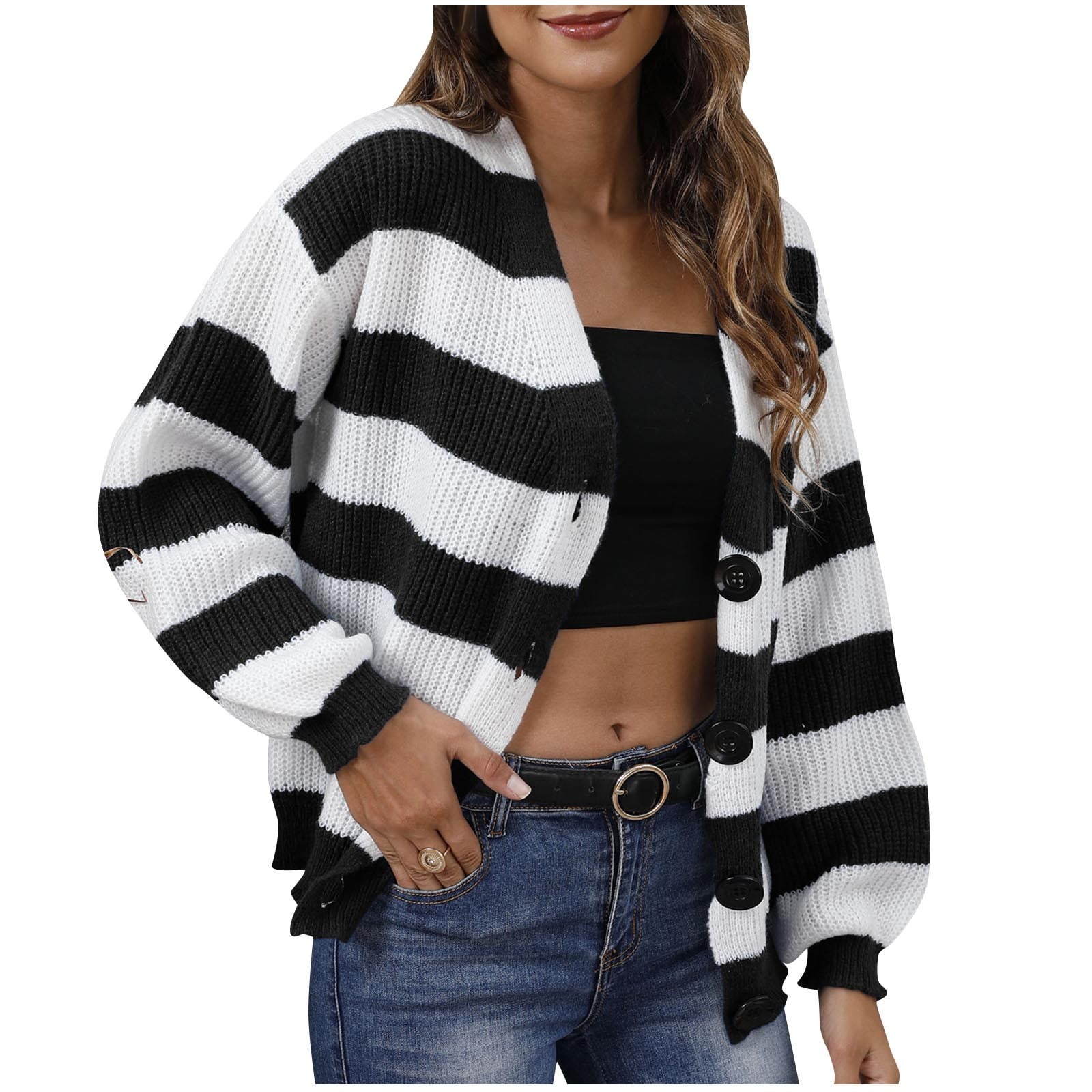 hotojiny Women's Striped Cardigan Sweater Trendy Long Sleeve Button ...