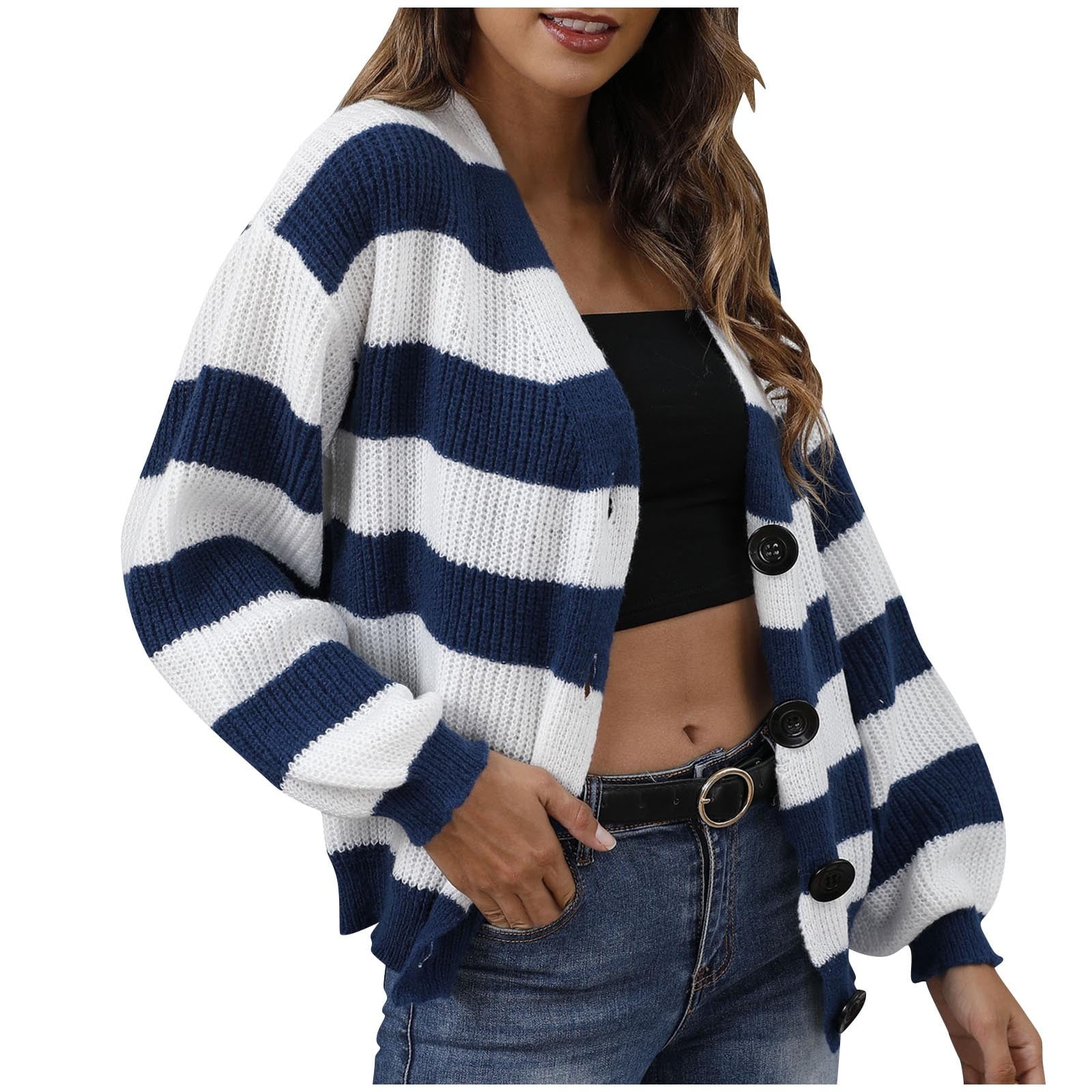 hotojiny Women's Striped Cardigan Sweater Trendy Long Sleeve Button ...