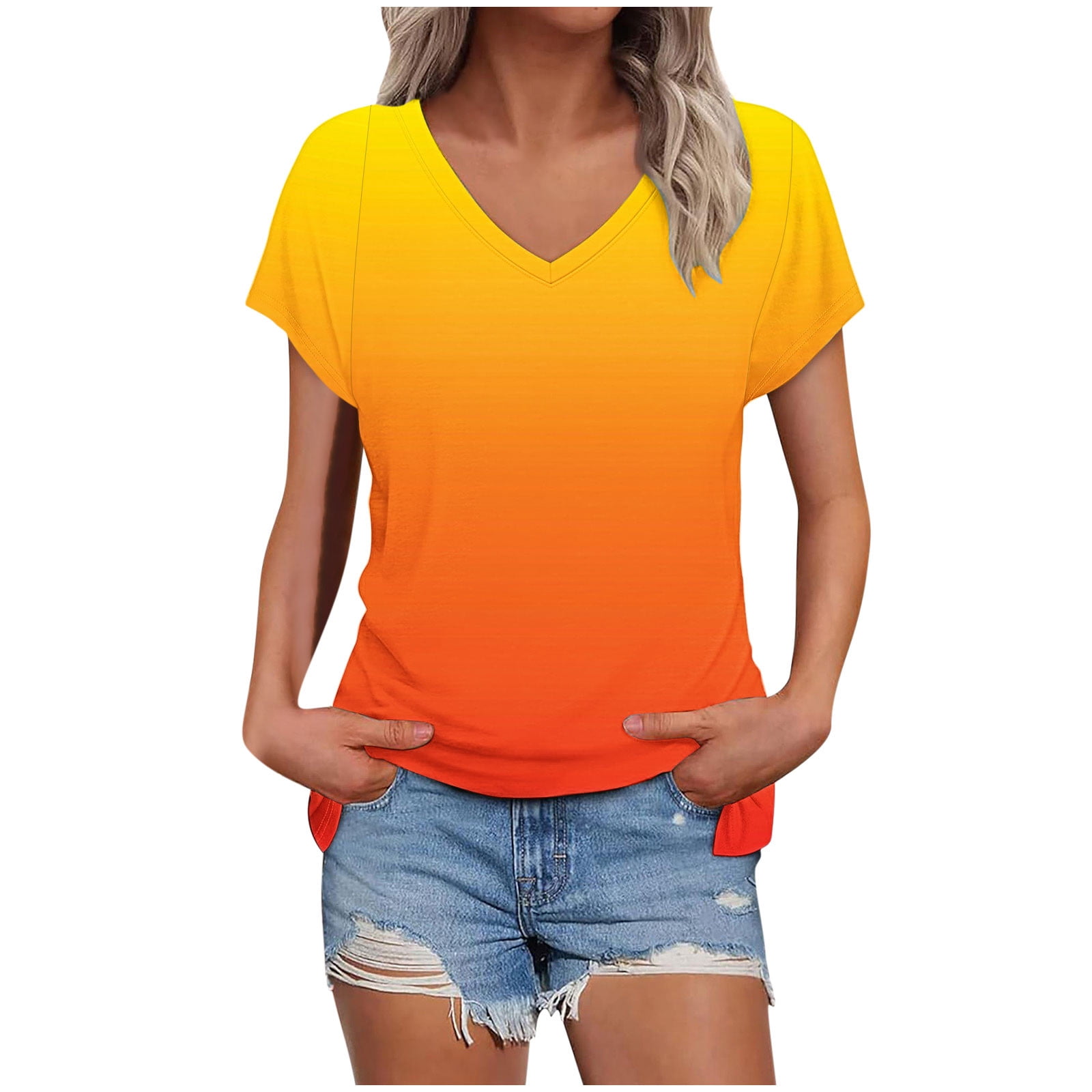 hotojiny Women's Summer T Shirts Casual Short Sleeve V Neck Loose Tops ...
