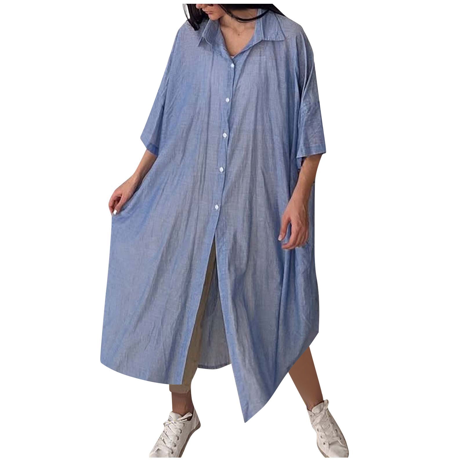 hotojiny Womens Button down Dresses Breathable Half Sleeve Solid Color ...