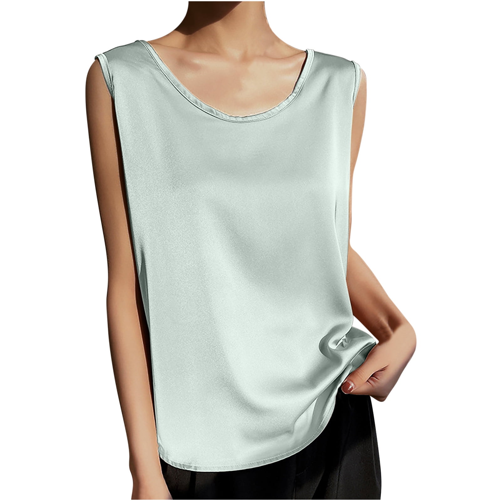 hotojiny Womens Satin Tank Tops Casual Sleeveless Loose Comfy Shirts ...
