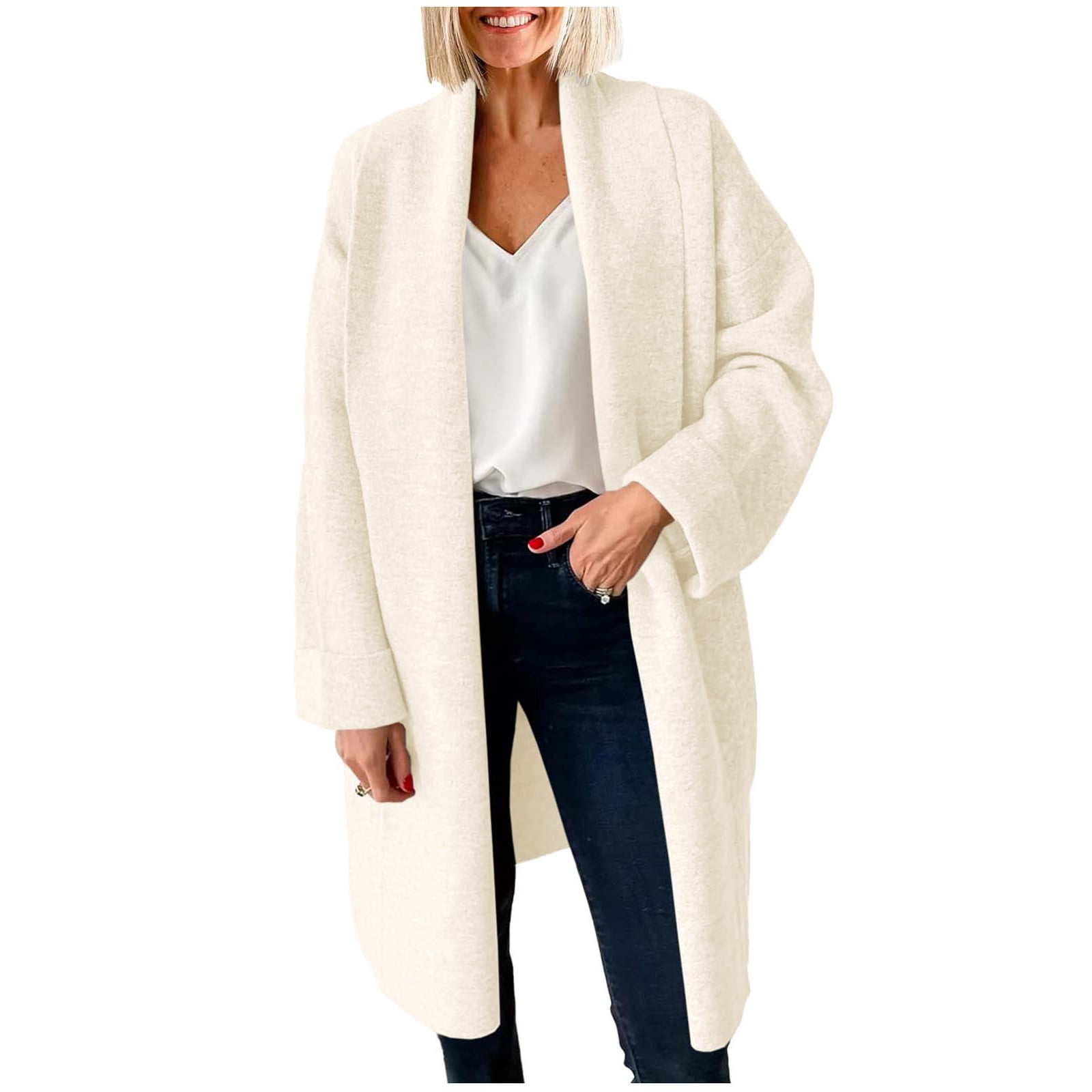 hotojiny Wool Trench Coat for Women Elegant Long Sleeve Open Front Pea ...