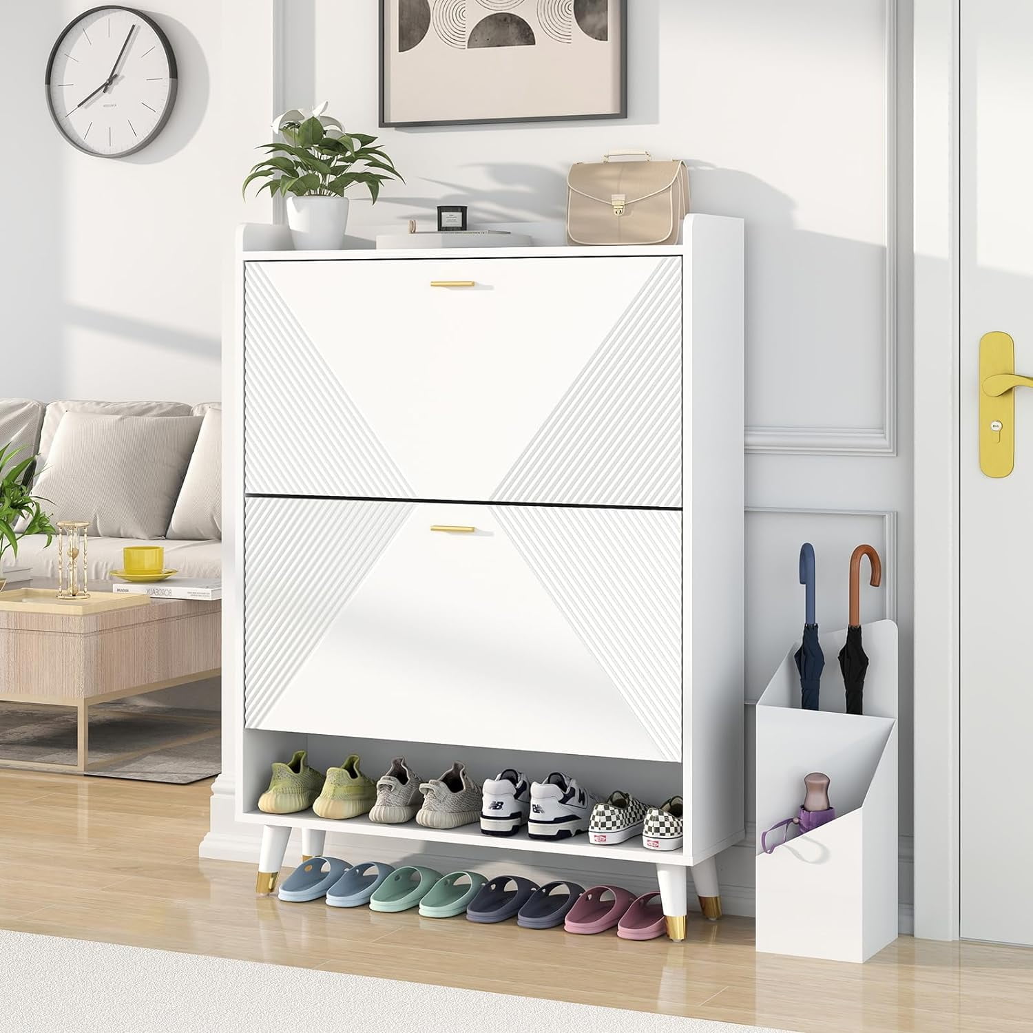 howcool Shoe Storage Cabinet with 2 Flip Drawers, Slim Wooden ...