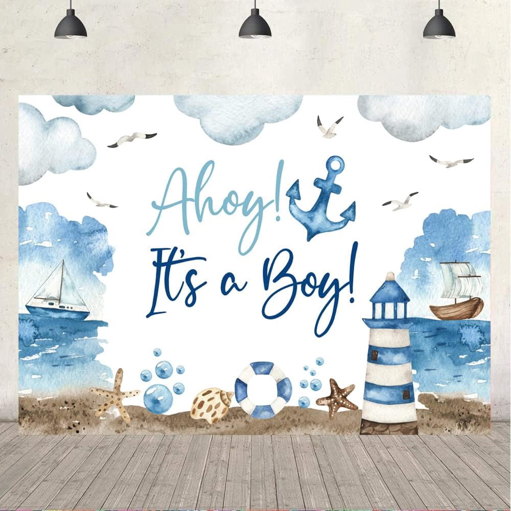 A hoy Nautical Boy Baby Shower Backdrop It's a Boy White Clouds Blue ...