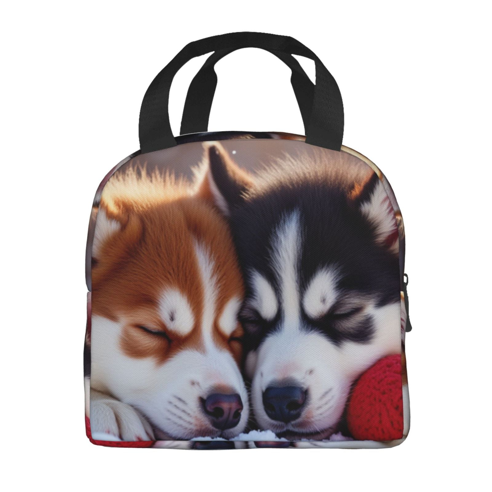 Portable Lunch Bag Insulated Siberian Husky Puppies In Snow With Red ...