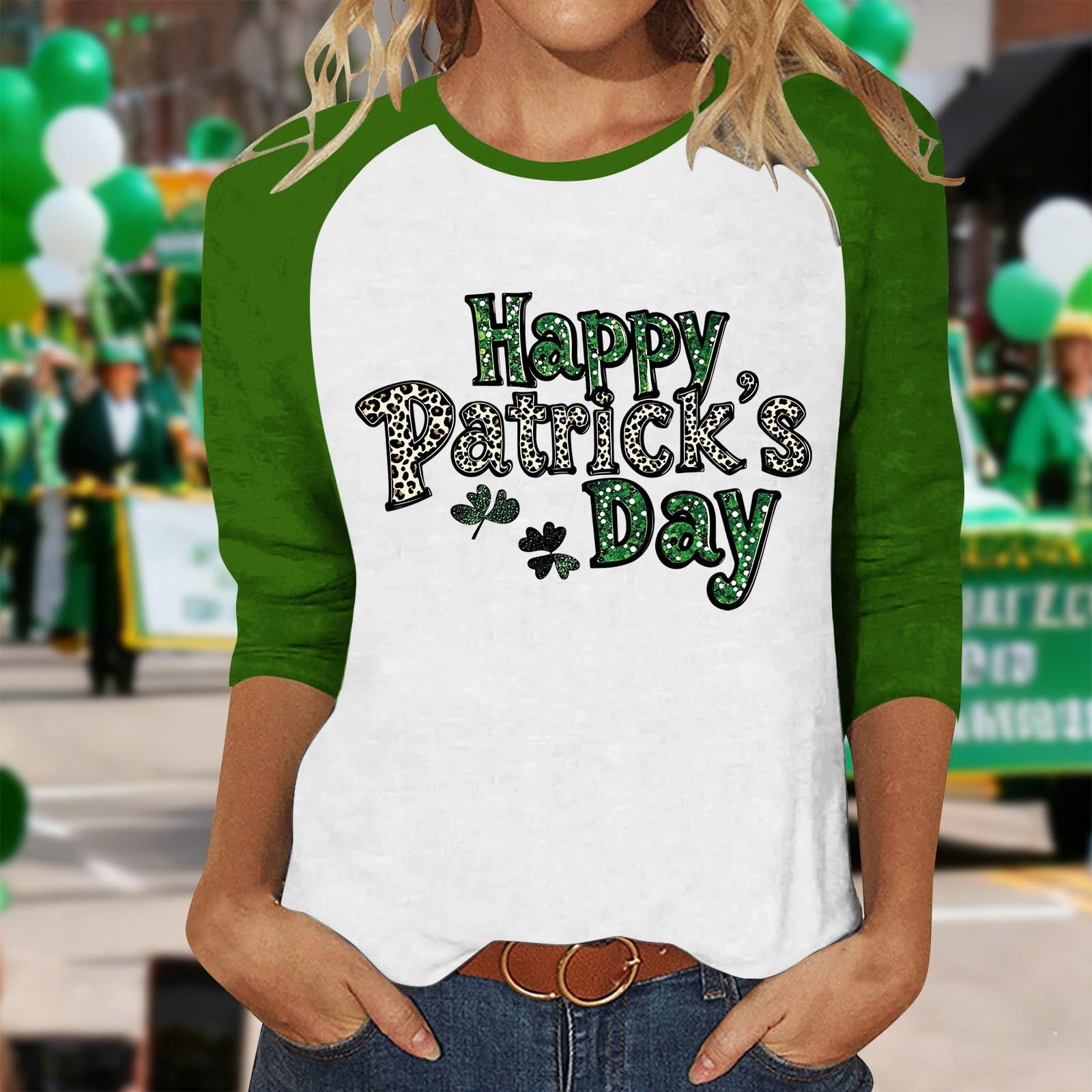 huaimei Green Blouses for Women Crew Neck 3/4 Sleeve Raglan Sleeve St ...