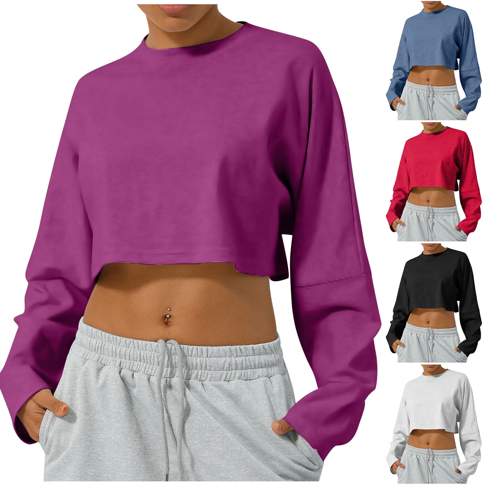 huaimei Women'S Solid Color Crew Neck Running Long-Sleeve T-Shirt ...