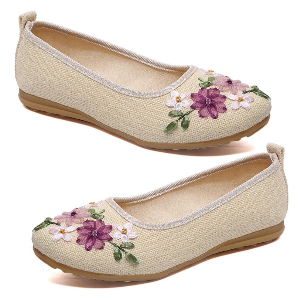 huanledash Vintage Embroidered Women Flats Flower Slip On Round Toe ...