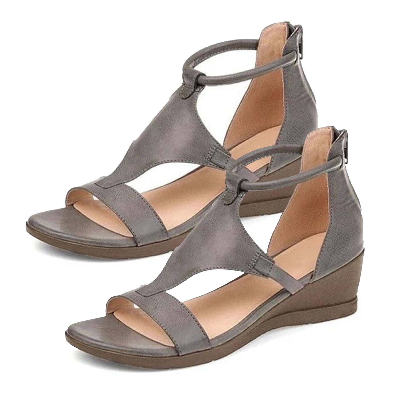 huanledash Women Ankle Strap Open Toe T-Strap Wedge Sandals Walking ...