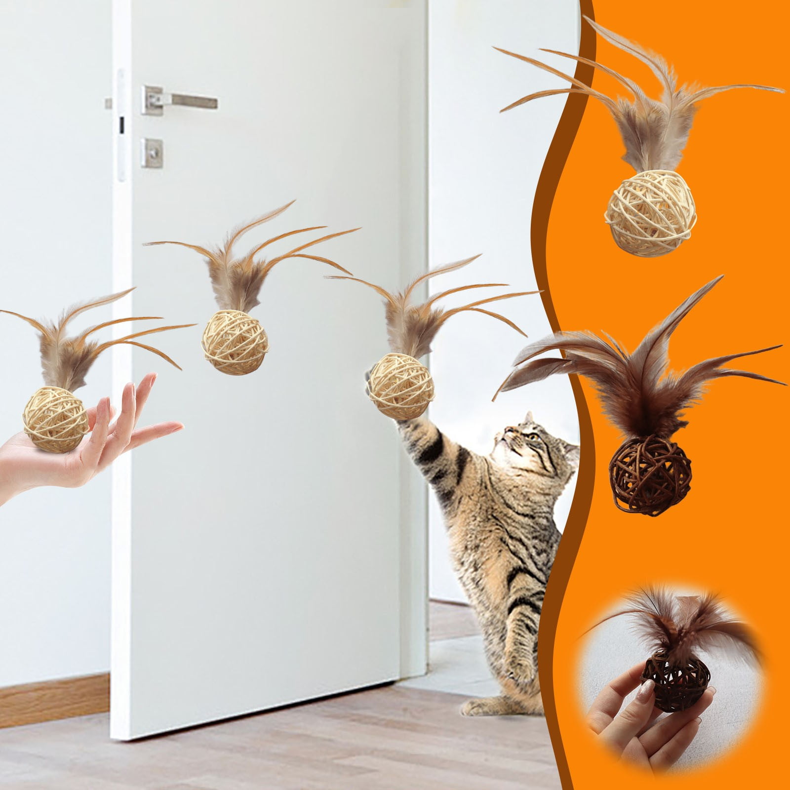 hulanddfd Feather Cats Ball Toy - Woven Rattan Balls with Built-in ...