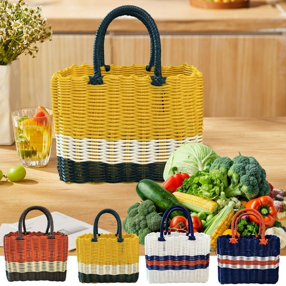 hulanddfd Plastic Woven Basket with Handle, Portable Shopping Basket ...