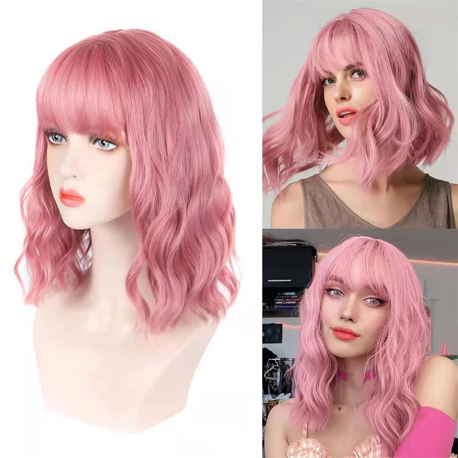 human hair wigs for women Pink Wig Short Hair Curly Hair Small Wave ...