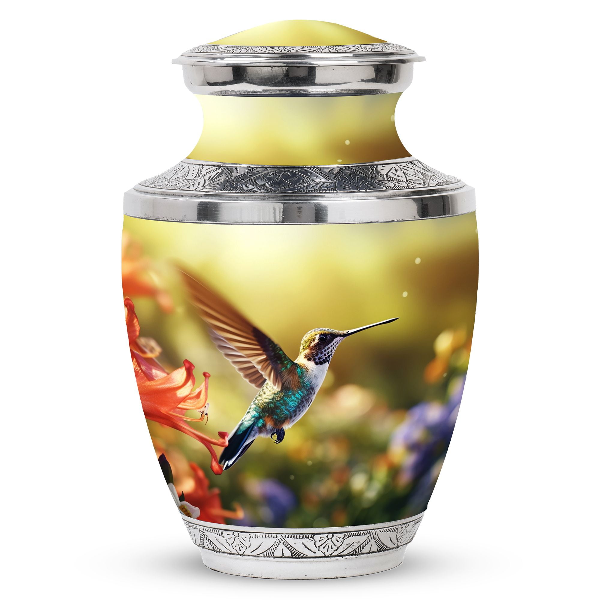 humming bird flying near lilly flower Eternal Large Metal Urn ...