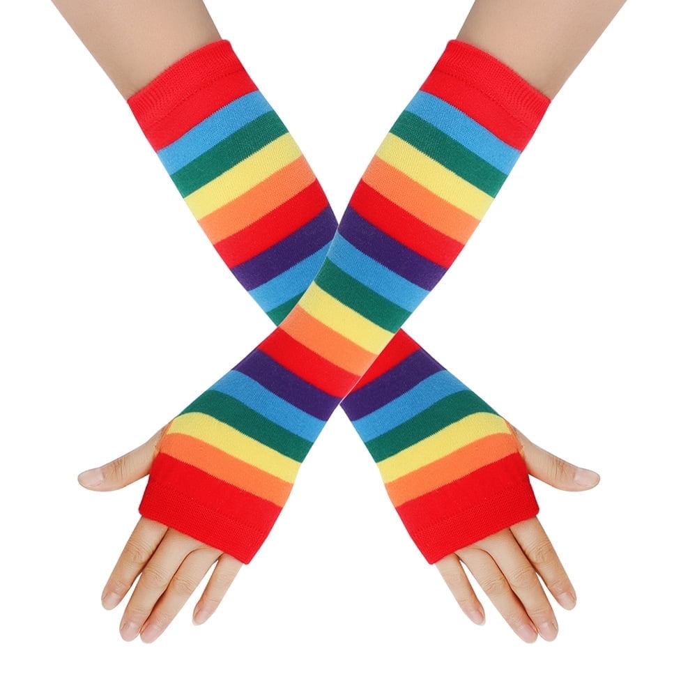 hwoehyo Unisex Elbow Length Fingerless Knitted Striped Parade Gloves ...