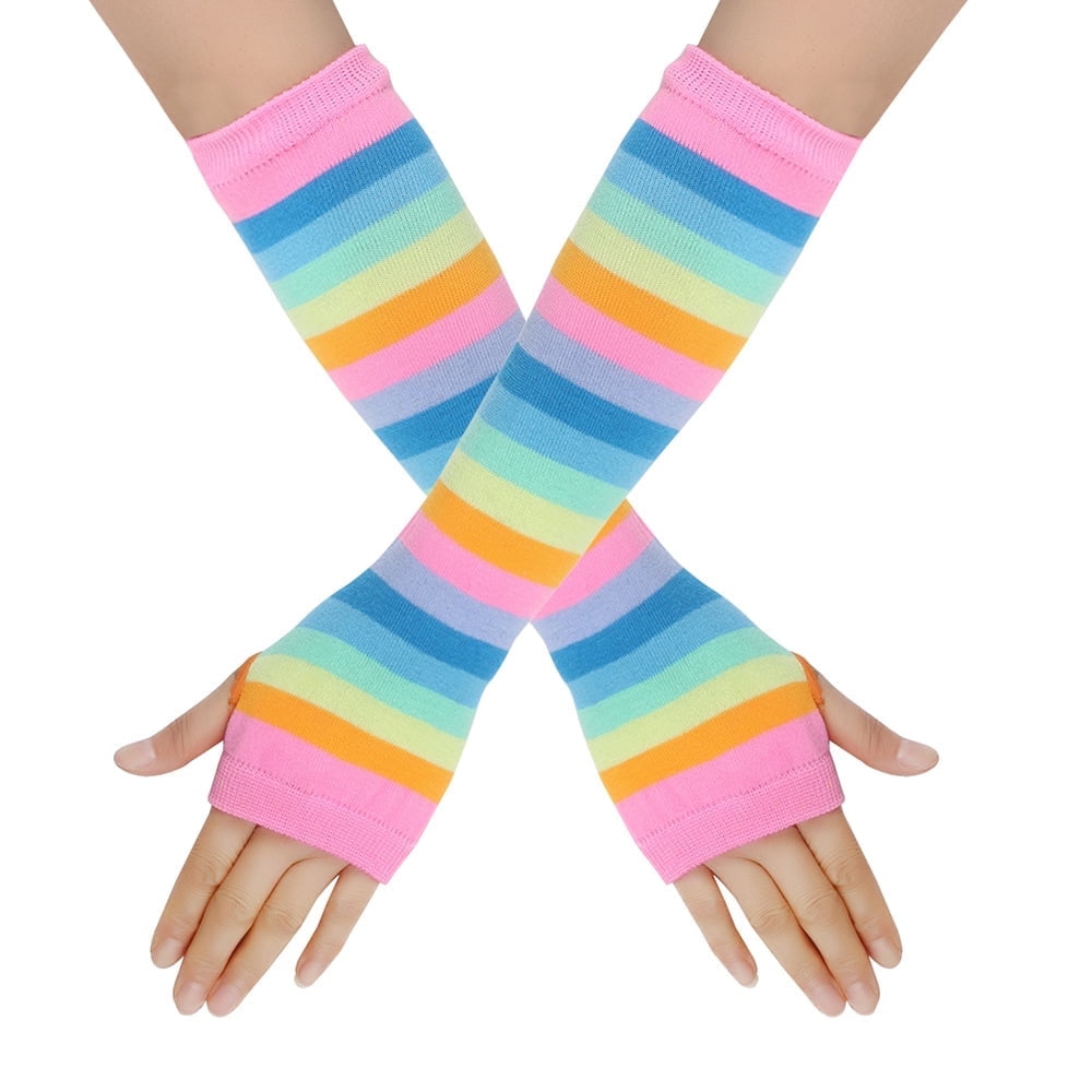 hwoehyo Unisex Elbow Length Fingerless Knitted Striped Parade Gloves ...