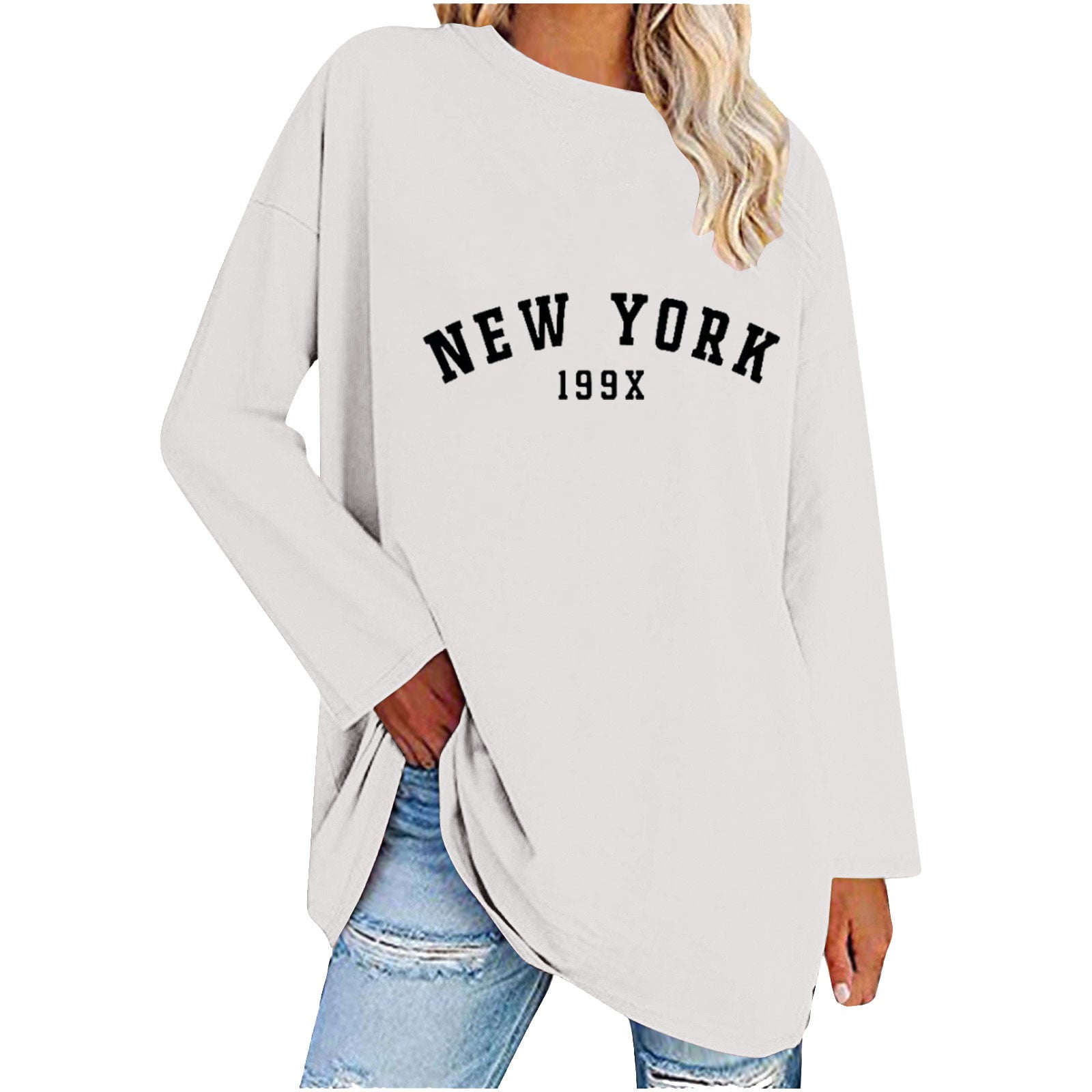 hxobax New York 199X Oversized Letter Tshirts Womens Long Sleeve Drop ...