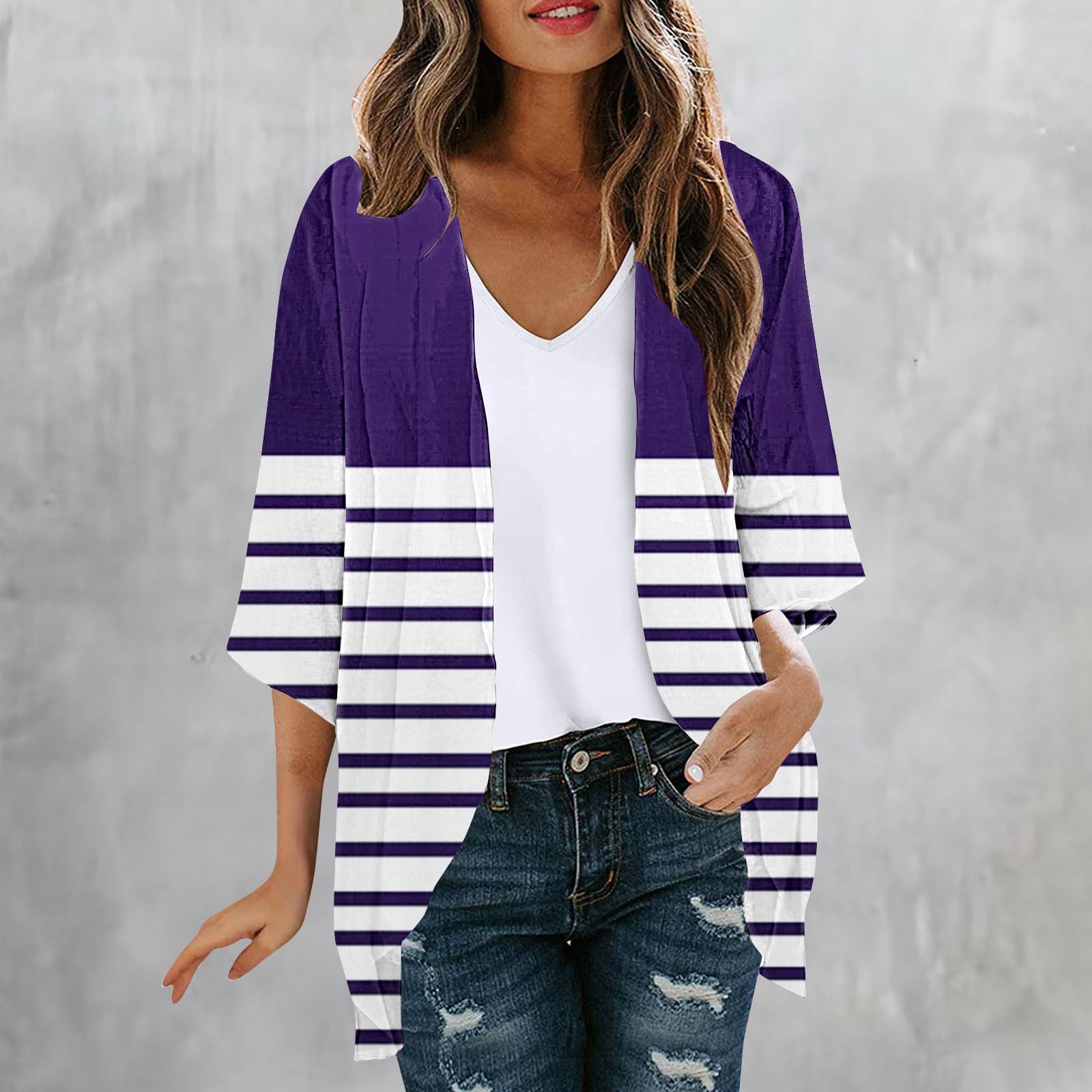 hxobax Striped Chiffon Kimono Cardigan for Womens Casual Open Front ...