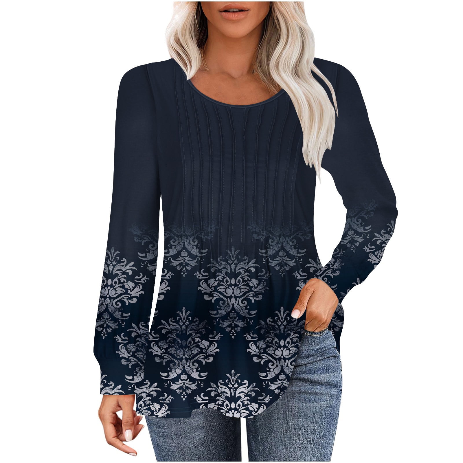 hxobax Women's Floral Long Sleeve Tunic Tops Fall Pleated Crew Neck ...