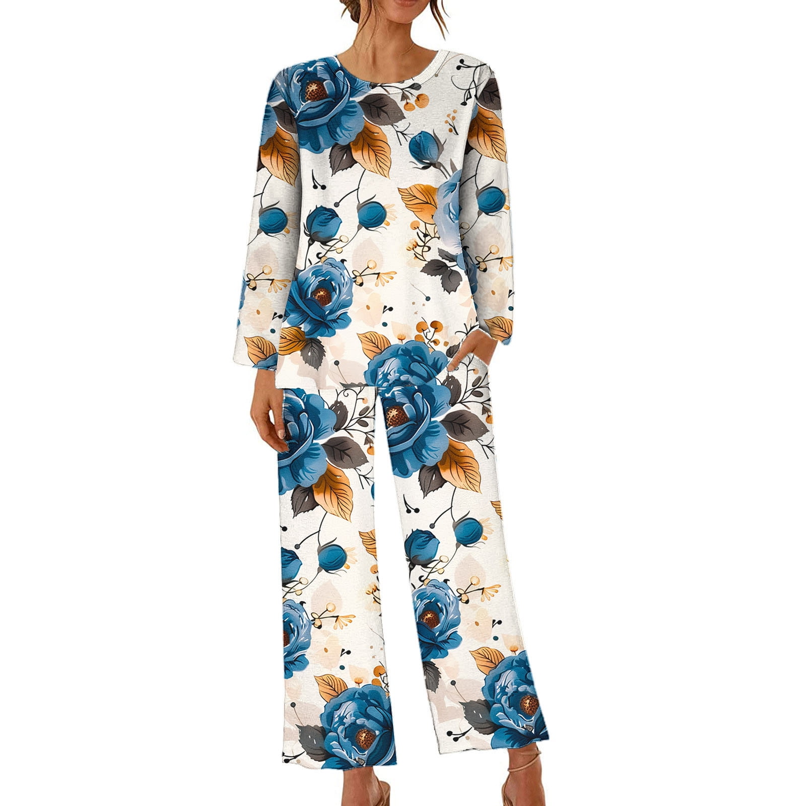 hxobax Women's Long Sleeve 2 Piece Outfits Lounge Sets Ladies Floral ...