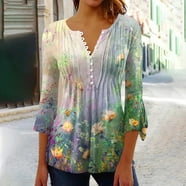 Xysaqa Women's Chiffon 3/4 Sleeve Shirts Vintage Boho Floral Print Tunic Tee Pleated V Neck ...