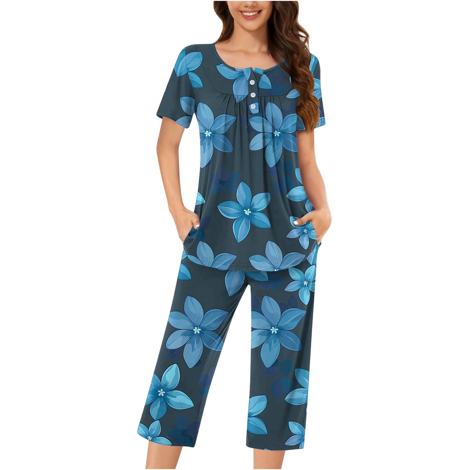 hxobax Womens Floral Pajama Sets 2 Piece Pjs Short Sleeve Pleated Tops and Capri Pants Set ...
