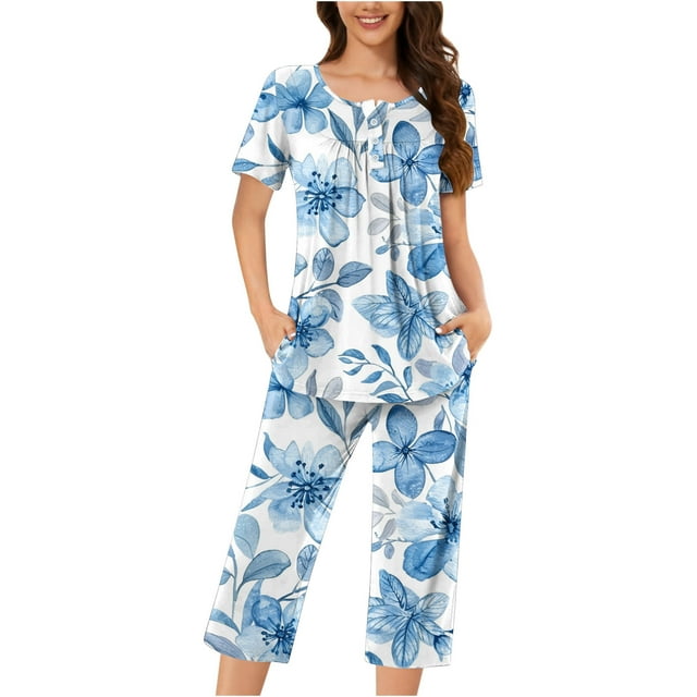 hxobax Womens Floral Pajama Sets 2 Piece Pjs Short Sleeve Pleated Tops ...